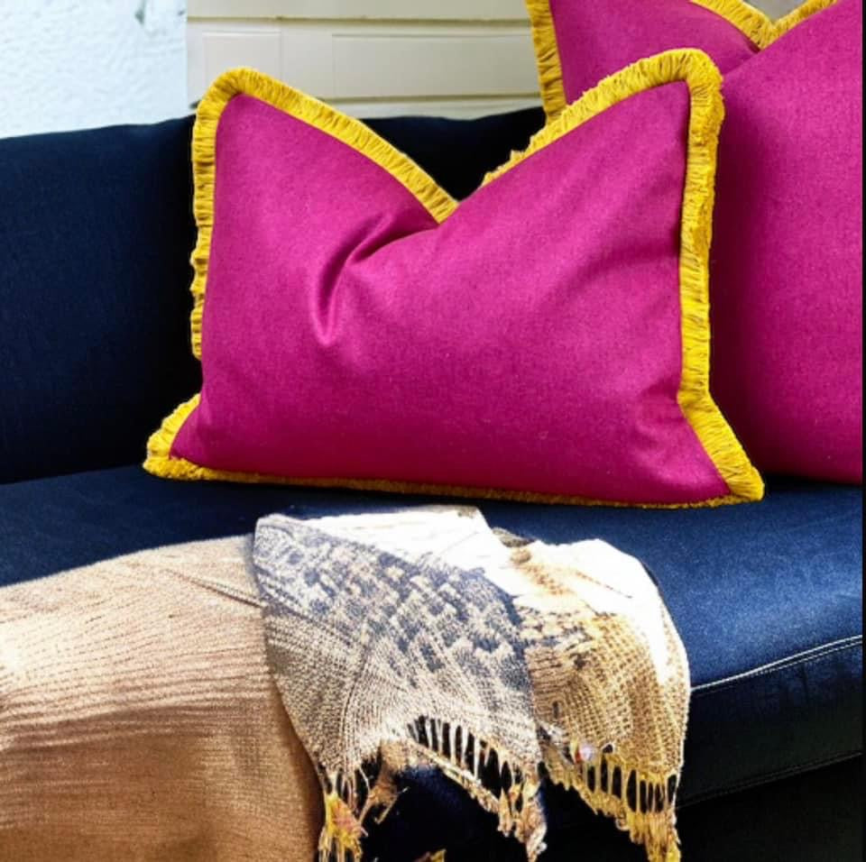 Cerise Wool & Mustard Fringe Cushion – Lulu Interiors